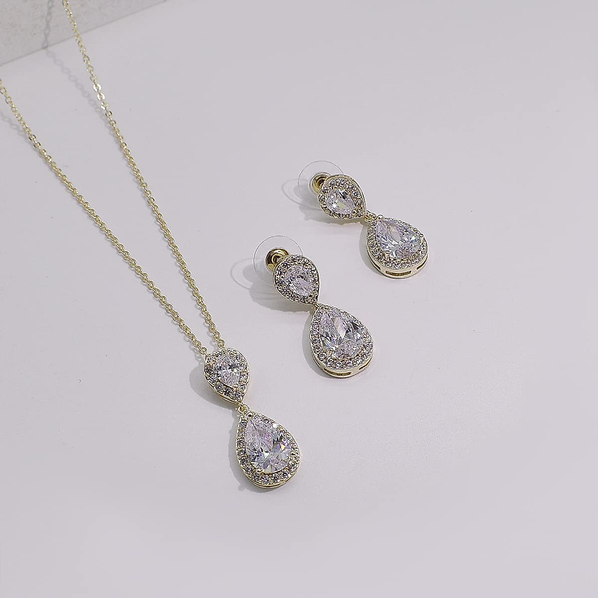 UDORA Teardrop Cubic Zirconia Drop Earrings Necklace Bridal Jewelry Sets Wedding Prom Gifts for Bridesmaid (18K Gold)