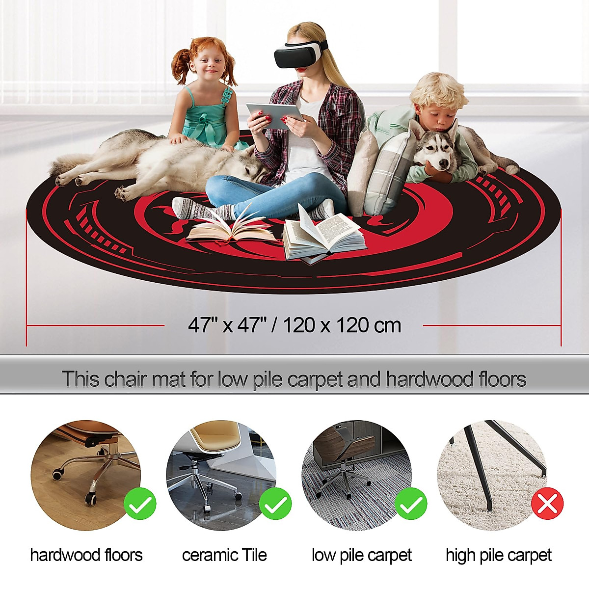 Raoot Gaming Chair Mat for Low Pile Carpet and Hardwood Floor 47 Inch Round Floor Mats for Game Room Bedroom Living Room and Office Room Rolling Chair