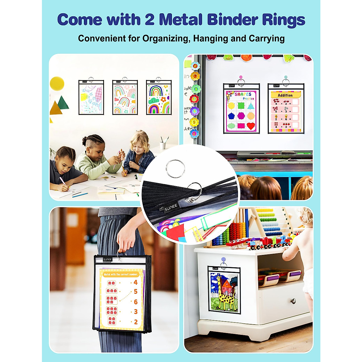 SUNEE 30 Packs Oversized Reusable Dry Erase Pocket Sleeves with 2 Rings, Black 10x14 Ticket Holders, Clear Plastic Sheet Protectors, Teacher School Classroom Supplies