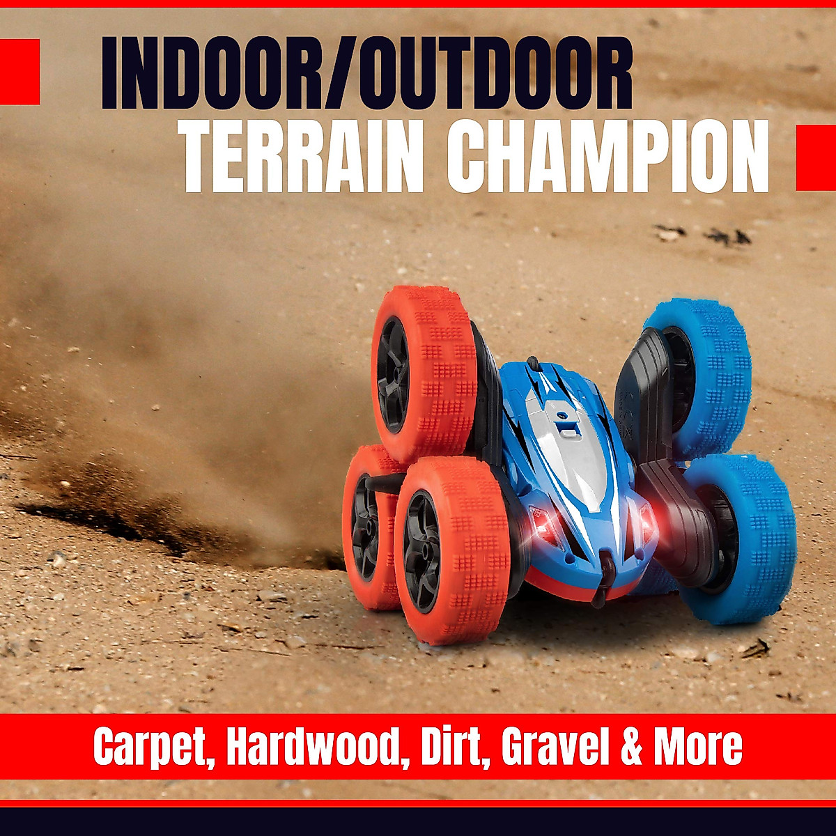 Force1 Crawler 6 Remote Control Car for Kids - 6 Wheeled RC Car Double Sided Driving with LEDs, 360 Flips, All Terrain RC Crawler Wheels, and 2.4 GHZ Remote Control, Red/Blue