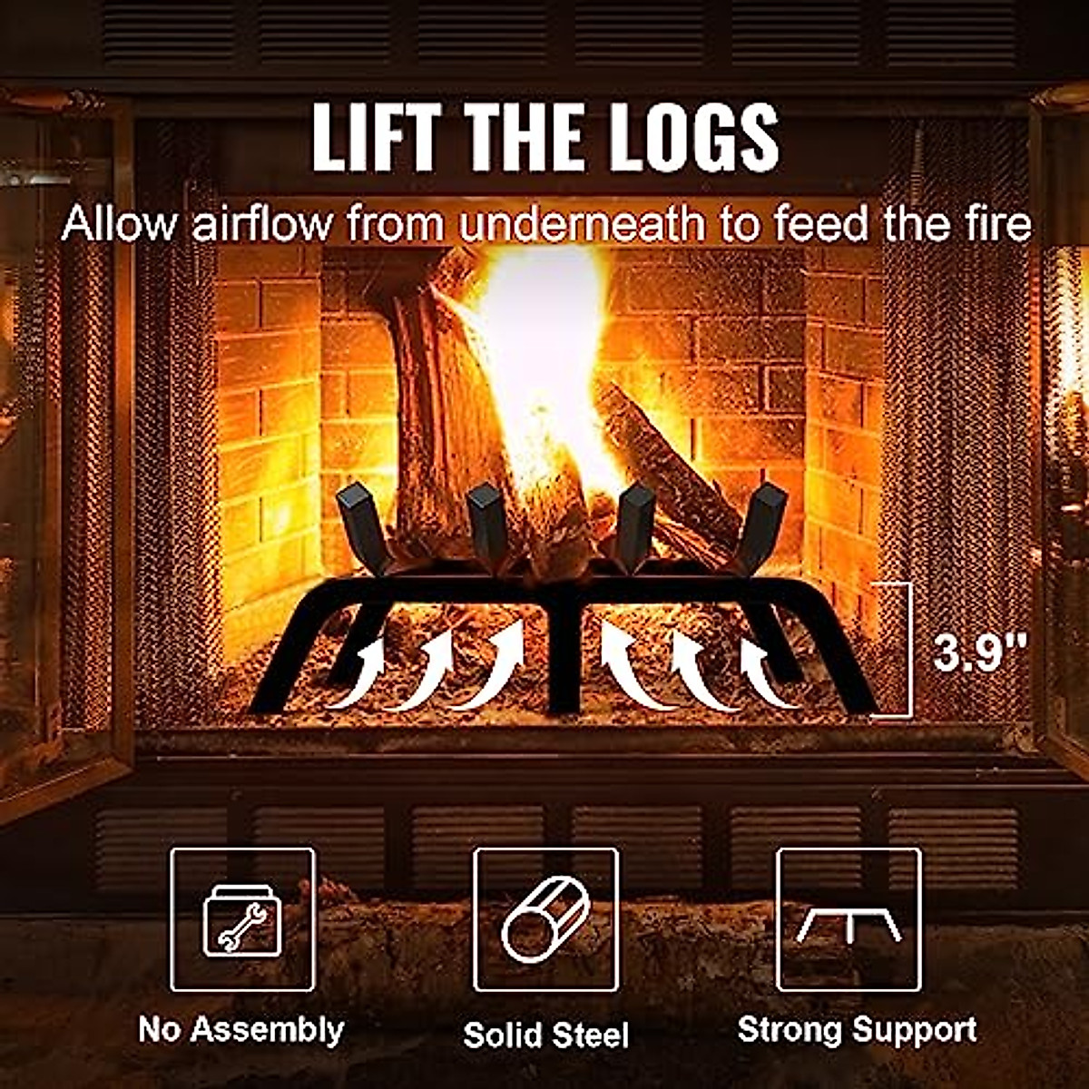 VEVOR Fireplace Grate, 18 inch Heavy Duty Fireplace Pit Grill Grate with 6 Support Legs, 3/4'' Solid Powder-Coated Steel Bars, Fire Logs Firewood Burning Rack Holder for Indoor and Outdoor Fireplace