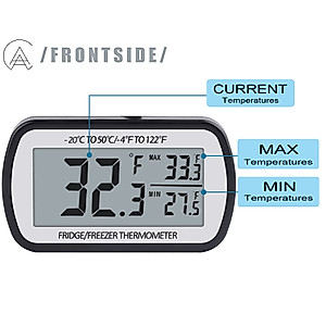 AEVETE Refrigerator Thermometer Digital Fridge Freezer Thermometer with Magnetic Back Large LCD, No Frills Easy to Read (Black-2 Pack)