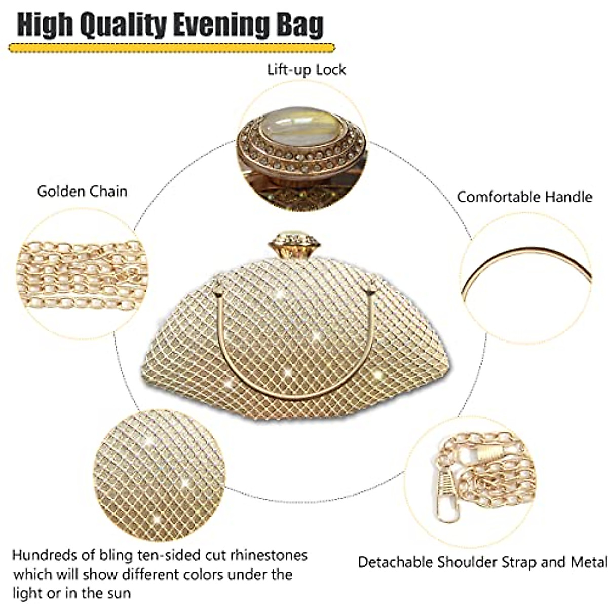 JIYIFOUHY Rhinestone Gold Clutch Purses for Women, Sparkly Rhinestone Evening Bag Bling Handbag Shoulder Bag with Detachable Chain Strap Handle for Wedding Party Prom