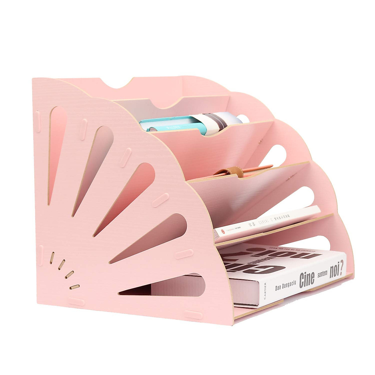 File Folder Holder Wood Organizer 5 Compartment, File Sorter Wood Buckle Design Desktop Fan-Shaped Mail Letter Document Magazine File Assembly Divider DIY Office Tabletop Storage Box (Pink)