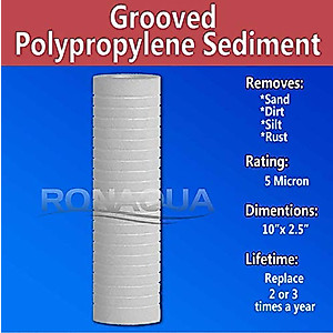 Grooved Sediment Water Filter Cartridge by Ronaqua 10"x 2.5", Four Layers of Filtration, Removes Sand, Dirt, Silt, Rust, made from Polypropylene (25 Pack, 5 Micron)