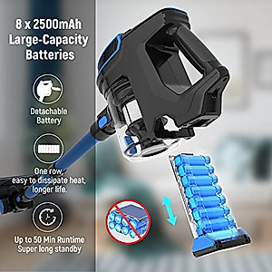 FABULETTA Cordless Vacuum Cleaner, 25 kpa Stick Vacuum 6 in 1 Set with 8 x 2500mAh Large Battery, Max 50 min Runtime, 250W Brushless Motor Handheld Vacuum Cleaner for Hard Floor Carpet Pet Hair