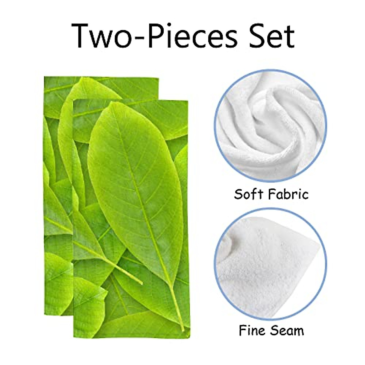 Green Leaf Dish Towel 2PC Hand Towels for Bathroom 15" x 30" Absorbent Soft for Hand, Face, Kitchen, Hotel, Spa, Gym, Swim
