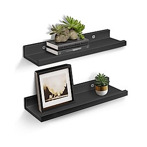 MIRROTOWEL Small 16” Floating Shelves for Wall Décor Storage, Set of 2, Wood for Bedroom, Living Room, Bathroom, Kitchen, Picture Ledge and Farmhouse（Black）