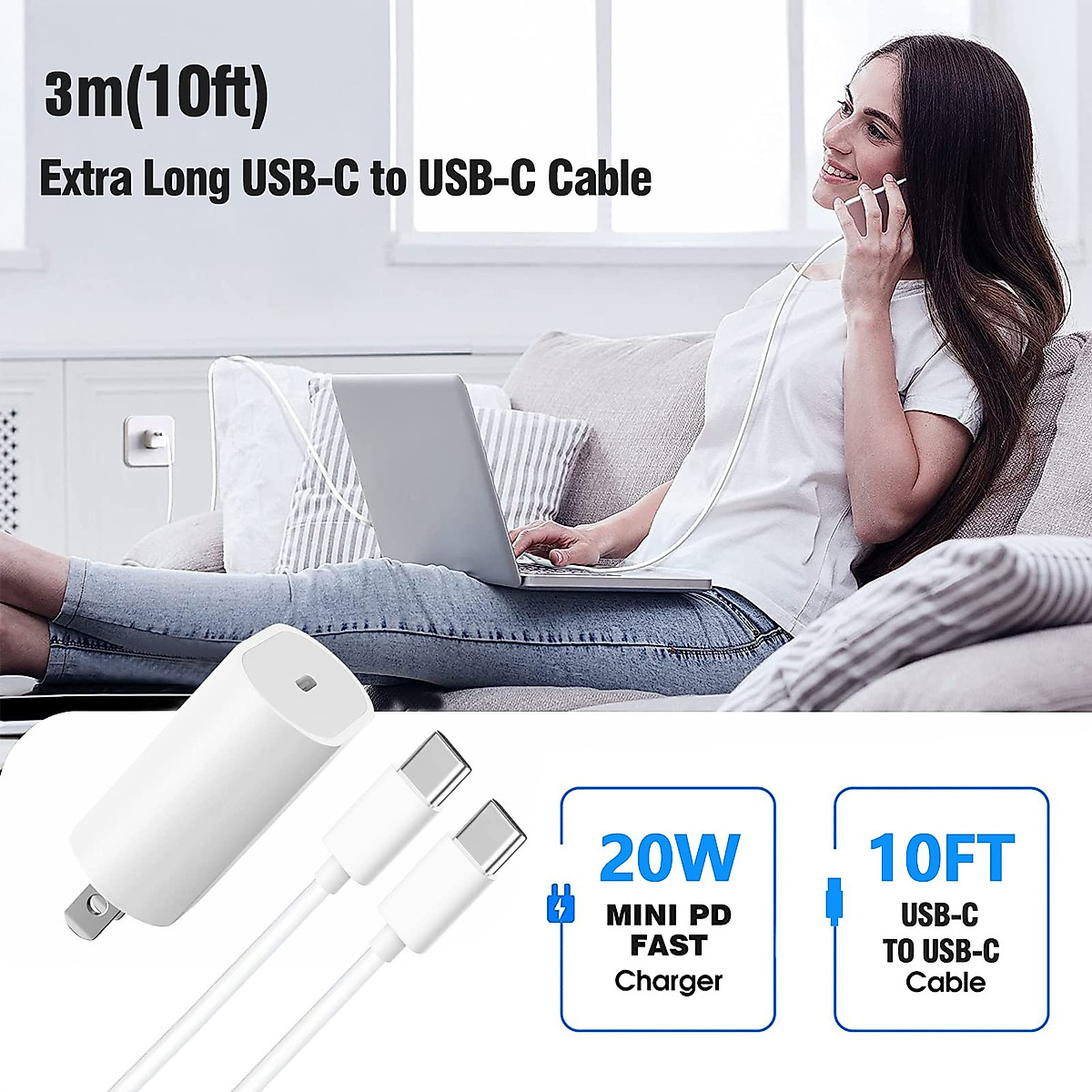 iPad Pro Charger, 20W USB C Charger with 10ft USB C to C Charging Cable for iPad Pro 13/12.9/11 inch, iPad Air 13/11 inch 5/4th Generation, iPad 10, iPad Mini 6