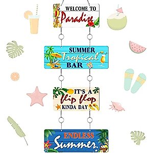 Summer Beach Wall Decor Welcome to Paradise Sign Patio Pool Sign Metal Hanging Tropical Bar Flip Flop Sign Endless Summer Vintage Beach Themed Plaque for Poolside Outdoor Home Decor (Stylish Style)