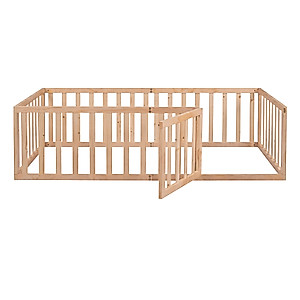 Bellemave Twin Size Floor Bed for Kids, Montessori Beds with Fence Railings and Door, Wood Playhouse Bed Frame for Boys Girls, Natural