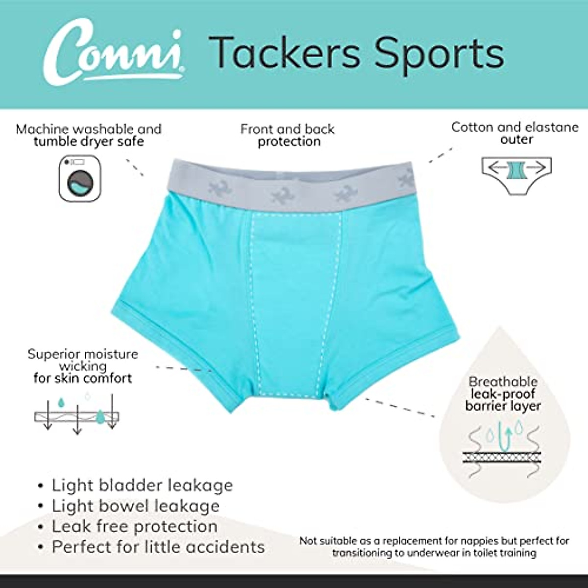 CONNI Kids Training Boxer Pants Soft Shorts Reusable Toddler Potty Training Underwear Waterproof Easy Pull Up Youth Incontinence Aqua Sizes 4-6