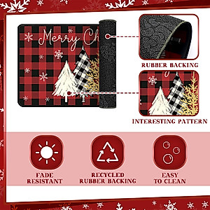 Bencailor 2 Pcs Christmas Kitchen Rugs and Mats Set of 2 Red Black Buffalo Plaid Merry Christmas Xmas Trees Floor Mat Non Slip Checkered Doormat Home Holiday Kitchen Decor, 17 x 30 Inch, 17 x 47 Inch