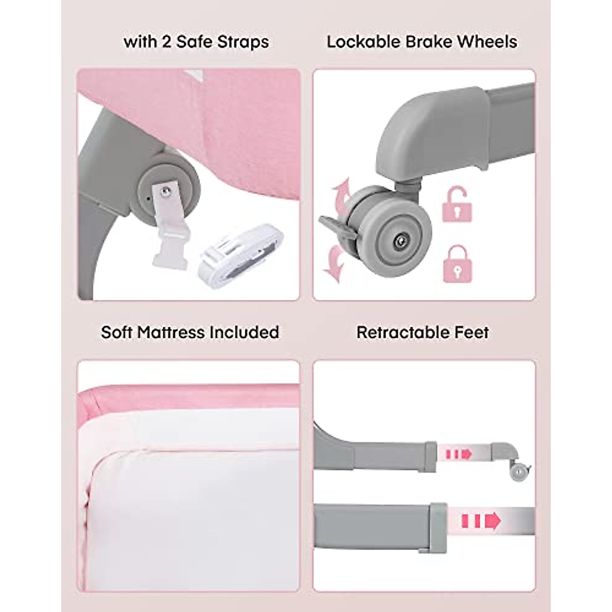 BAHOM Bassinet Bedside Sleeper, 2-in-1 Bedside Bassinet for Baby, Adjustable Height with Portable Infant Nest for Newborns, Mesh Walls Crib Bassinets (Pink)