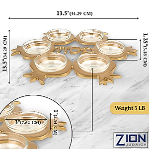 Zion Judaica Artistic Passover Seder Plate Pomegranate Shape Seder Tray Shiny Aluminum with 6 Glass Liners/Dishes Marked with the Names of Symbolic Pesach Foods Passover Plate Decor (Gold)