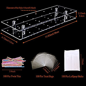 Acrylic Lollipop Holder, 21 Hole Cake Pop Stand Display Cake Pop Holder 100 Pcs Lollipop Sticks 100 Pcs Treat Bags 100 Pcs Twist Ties,Cake Candy Chocolate Making Decoration Supplies for Baby Showers Party Wedding Anniversaries