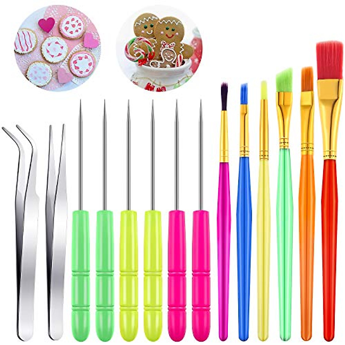 14 Pieces Cookie Tools Decorating Kit Cake Decorating Brush Scribe Tool Sugar Stir Needle Baking Tweezers for Sprinkles Elbow and Straight Tweezers Decorating Supplies for Cookie Cake Fondant