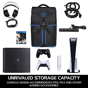 ENHANCE PS5 Backpack and Storage Case - Compatible with PS5 , PS4 Pro & PS4 - Gear Arsenal Storage Compartments , Gaming Console Backpack for Controllers , Headsets , Games & Accessories - Blue
