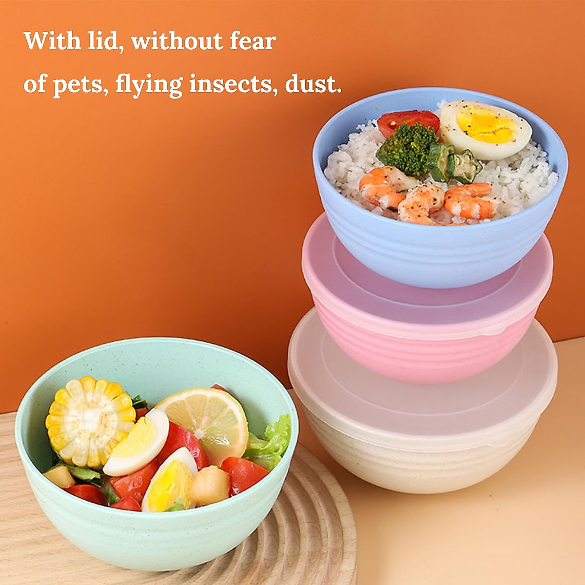 shopwithgreen Wheat Straw Cereal Bowls with Dust-Proof Lid, Resuable Bowls for Kitchen, Set of 4, Microwave and Dishwasher Safe, for Soup, Oatmeal, Ramen, RV, Camping, Kids, College Dorm Room, 24 OZ