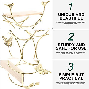 DOITOOL Wall Mounted Floating Shelves Rustic Storage Shelf Spice Rack Shelf Sundries Organizer with Butterfly Figurine for Bathroom Bedroom Living Room Kitchen Golden