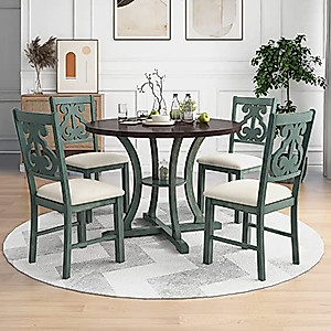 YUNLife&Home 5 Piece Kitchen and Dining Furniture Set,Round Table and Fabric Special-Shaped Legs & Exquisitely Designed Hollow Chairs Backn for Living Room/Breakfast Nook/Dinette, Antique Blue