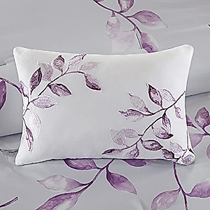 Madison Park Essentials Cozy Bed In A Bag Comforter with Complete Cotton Sheet Set - Trendy Floral Design All Season Cover, Decorative Pillow, Twin(68"x86"), Leaf Purple 9 Piece