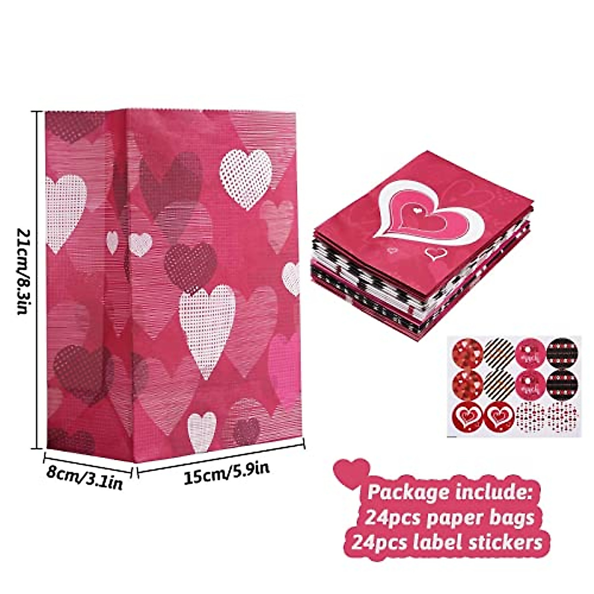 SCIONE 24 Pcs Valentines Day Gift Bags, Valentines Party Favors Bags with Stickers, Classroom Gift Exchange Giving Goody Bags Candy Treat Bags for Gift Wrapping