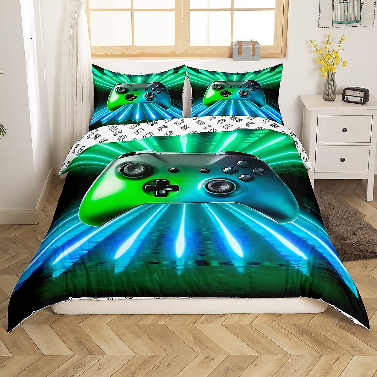 Erosebridal Green Blue Gamepad Bedding Set, Game Player Comforter Cover Full Size Modern Gamer Gaming Duvet Cover Neon Trippy Bedding Set for Kids Boys Girls Teens Young Man Room Decor, Unthick