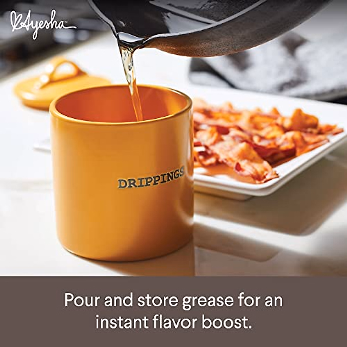 Ayesha Curry Kitchenware Ceramics Bacon Grease Jar/Container, 21 Ounce, Mustard