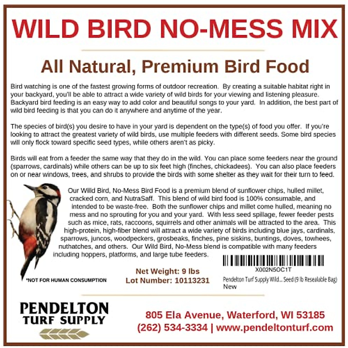 Pendelton Turf Supply Wild Bird, No-Mess Mix | All-Natural, Premium Bird Seed (9 lb Resealable Bag)