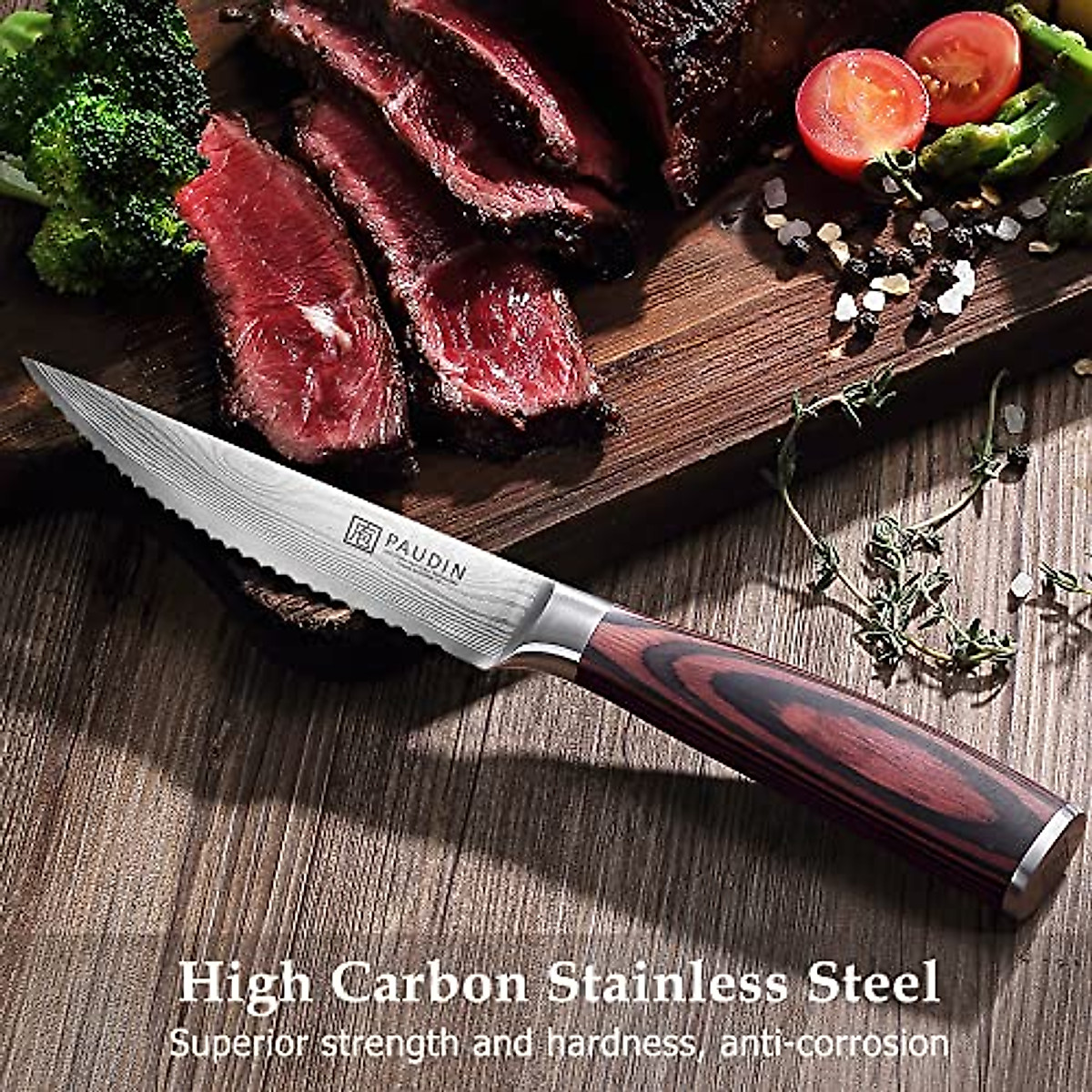 PAUDIN Steak Knives Set of 6, Kitchen Steak Knife 4.5 Inch, High Carbon Stainless Steel Steak Knives, Serrated Steak Knife with Pakkawood Handle, Dinner Knives with Gift Box