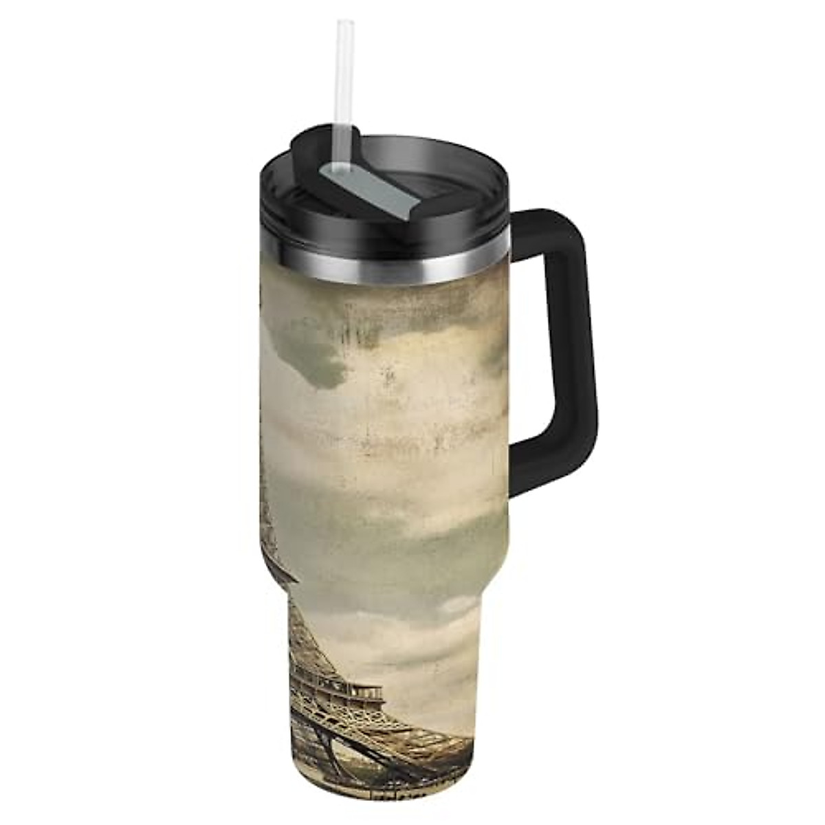 Flradish 40oz Tumbler with Handle, Vintage Eiffel Tower in Paris Stainless Steel Tumbler with Lid and Straws Double Wall Vacuum Insulated Leakproof Coffee Travel Mug