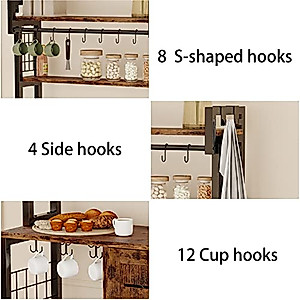 IRONCK Bakers Rack, Microwave Stand with Power Outlets, Kitchen Storage with Wheels & Feet, Coffee Station with Cabinets and 10 S-Hooks, Vintage Brown