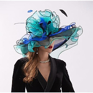 ORIDOOR Women Hats Headband Hairpin Organza Fascinator Church Hat Floral Tea Party Wedding Hat for Ladies, 003a Blue and Green …