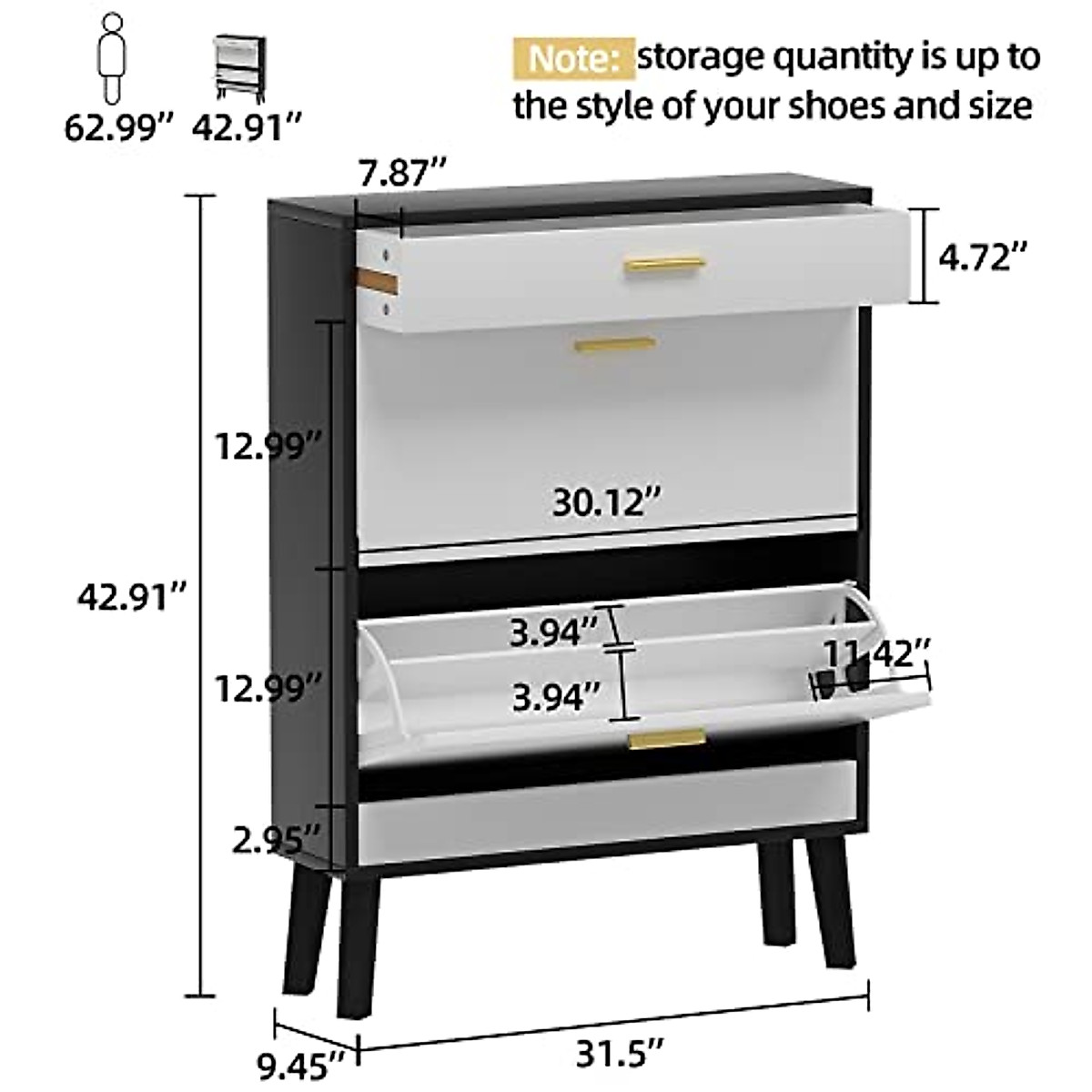 Visionwards Shoe Cabinet, Free Standing Shoe Storage Cabinet, Tipping Bucket Shoe Cabinets with 2 Flip Drawers, Hidden Narrow Shoe Rack Cabinet Storage Organizer for Entryway, Black