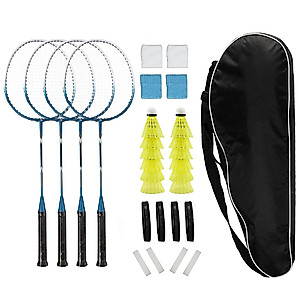 STSTECH Badminton Rackets Set of 4 for Backyard Sports Adults Kids Family Racquets Game with 12 Shuttlecocks,4 Replacement Grips,4 Wristbands and Carrying Bag (Blue -A,Set of 4)