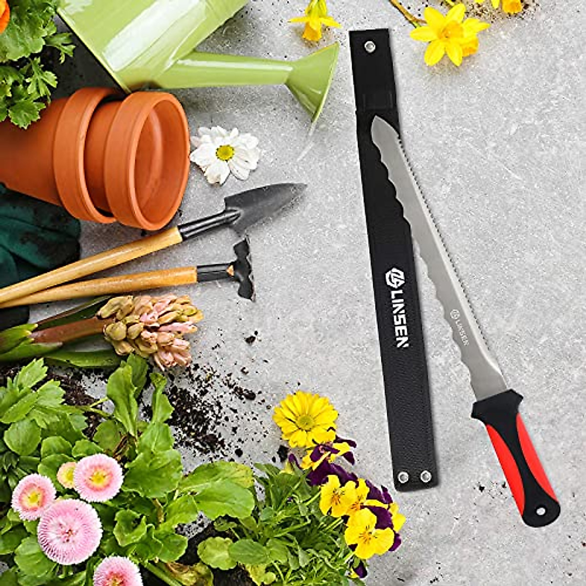 Linsen-outdoors Stainless Steel Garden Knife with 11 Inches Blade, Double Side Utility Sod Cutter Lawn Repair Garden Knife with Nylon Sheath, Red