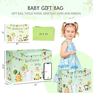 JOHOUSE Baby Gift Bag, 12" Paper Bag with Tissue Paper Ribbon Greeting Card Large Gift Bag for Baby Boy Girl Shower Newborn 1st Birthday Gender Reveal Party Green