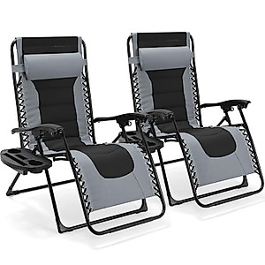 MAMIZO Padded Zero Gravity Chair, Set of 2 Foldable Outdoor Patio Recliner, Anti Gravity Adjustable Lounger w/Removable Pillows and Cup Holder Side Tables, 350 LBS (Grey)