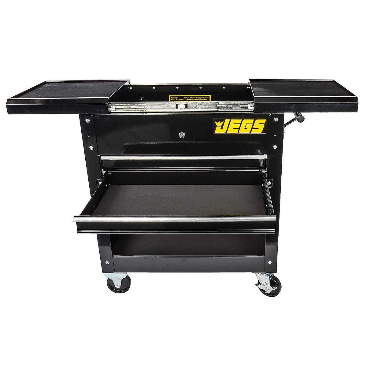 JEGS Heavy-Duty Tool Box Cart | 220 LBS Capacity | Uses Four 4” Caster Wheels | Includes 2 Keyes and 6 Drawer Liners | Black with JEGS Logo | 2 Locking Drawers | Sliding Top