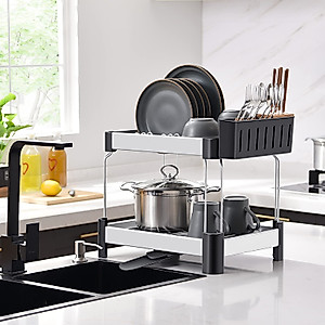 TOOLF Aluminum 2-Tier Dish Drying Rack, Sink Dish Rack, Dish Drainer with Anti-Rust Frame, 360° Swivel Spout Drip Tray, Utensil Holder for Kitchen