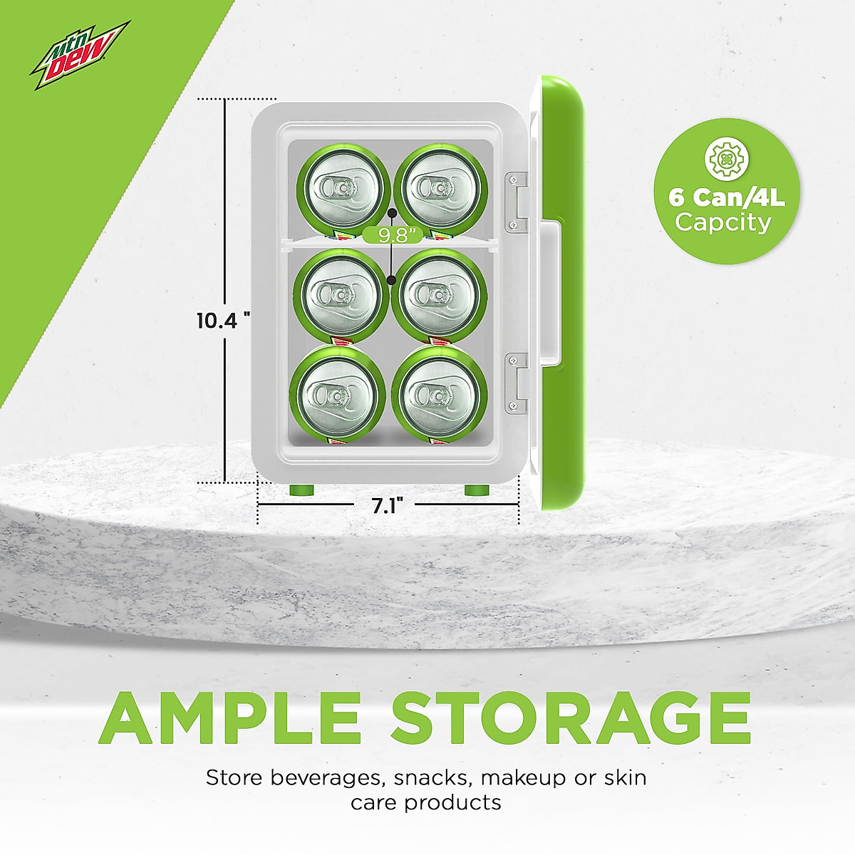 CURTIS MIS151MD Mountain Dew Retro, Mini Portable Compact Personal Fridge Cooler, 4 Liter Capacity Chills Six 12 oz Cans, 100% Freon-Free & Eco Friendly, 6, White/Green