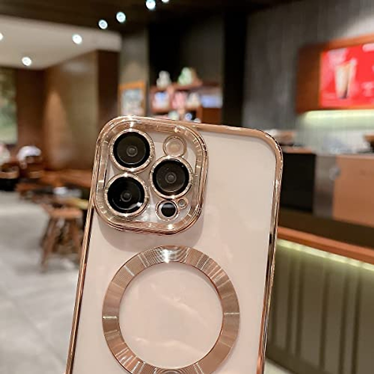 Threehundred for iPhone 13 Pro Case Magnetic Clear with Camera Lens Protector Full Protection MagSafe Electroplated Silicone Dust-Proof Net Shockproof Protective Case Cover 6.1 Inch - Gold