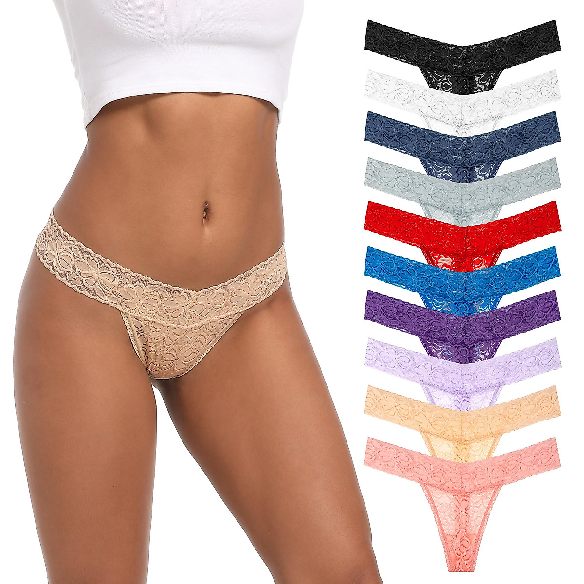 Pmrxi Pack 10 Seamless Lace Thongs for Women Plus Size XS to 5XL Breathable Panties Low Rise Stretch Cotton No Show Underwear Size Medium
