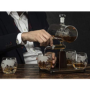 Whiskey & Wine Decanter Gifts for Men & Dad, Ship Decanter 1000ml, Set with 4 Globe Drinking Glasses - Cool Liquor Dispenser for Home Bar Unique Birthday Gift Ideas from Wife, Daughter, Son Present