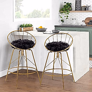 Alunaune 26inch Swivel Metal Bar Stools Gold Bar Chairs Set of 2 Black Faux Fur Counter Height Barstools Home Kitchen Counter Stool-Gold