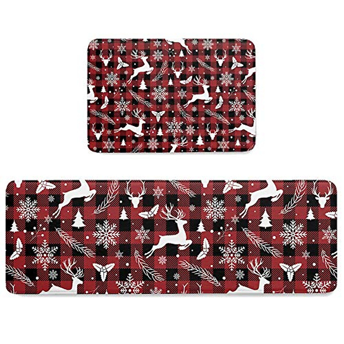 Libaoge Kitchen Mat Rug Set of 2 Christmas Elk Gift Snowflake Buffalo Red Black Plaid Runner Rug Anti-Fatigue Comfort Memory Foam Standing Mat Non-Slip Floor Door Mat for Bathroom 18x30in+18x60in