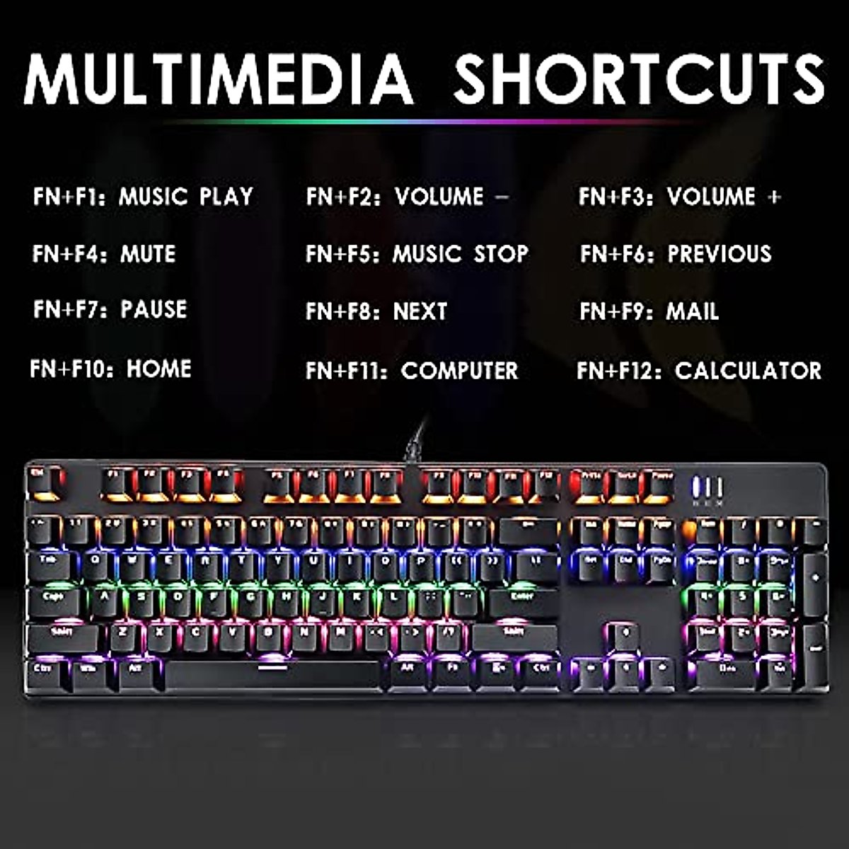 Alkem Mechanical Gaming Keyboard with Rainbow Backlit 104 Keys Gaming Keyboard USB Wired Keyboard with Blue Switch Anti-Ghosting Full Size Keyboard for Windows PC MAC Games (Black)