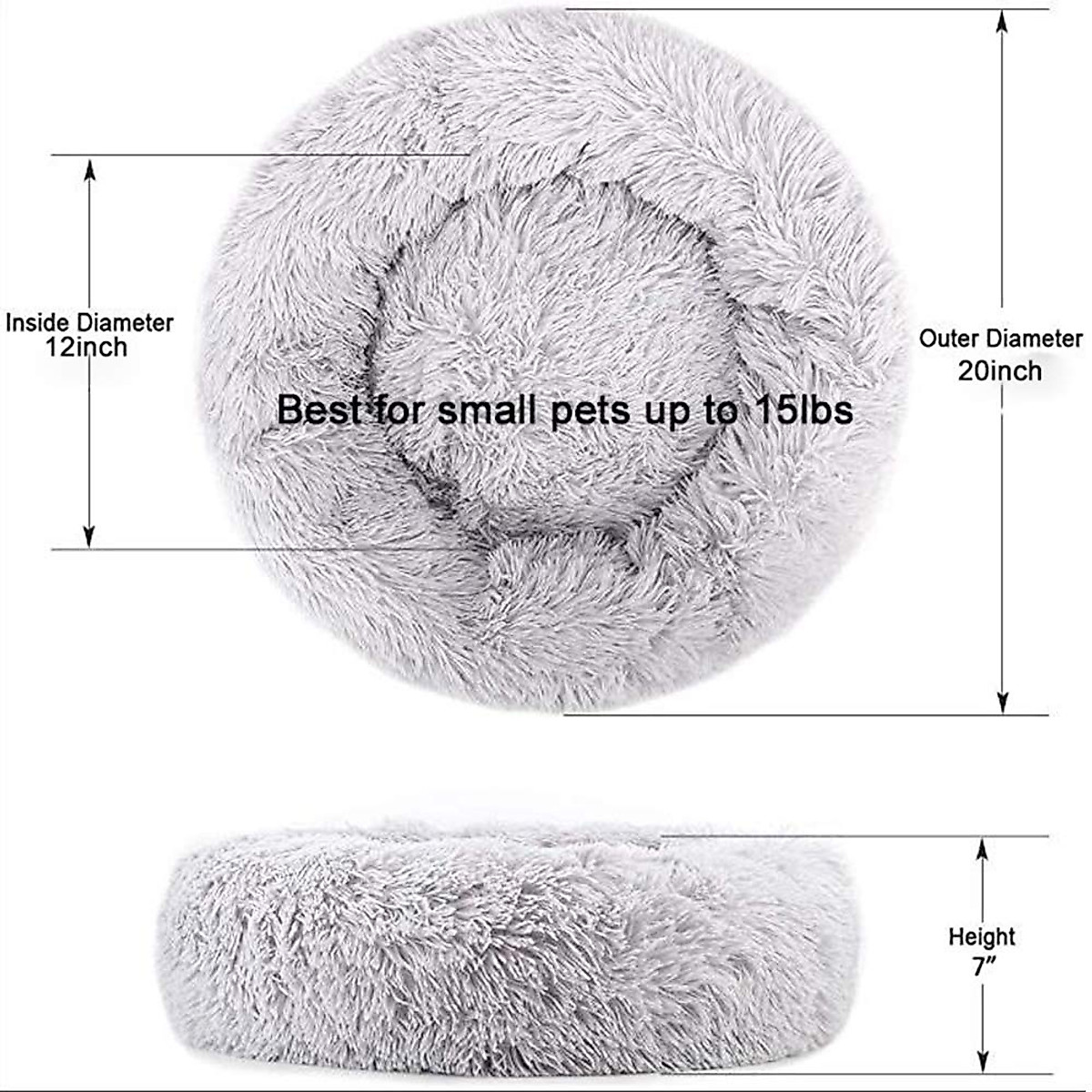 Gavenia Indoor Cat Bed, 20''x20'' Washable Donut, Soft Plush Pet Cushion, Waterproof Dog and Cat Bed for Sleep Improvement, Grey