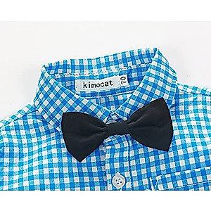 Kimocat Toddler Boy Clothing Sets Plaid Shirt Bowtie and Suspender Strap Pants Outfits (Blue, 0-6month(70#))